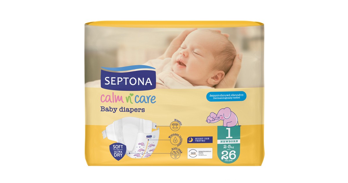 Septona Calm n' Care Baby Diapers Newborn No1 (2-5kg) 26 Τεμάχια ...