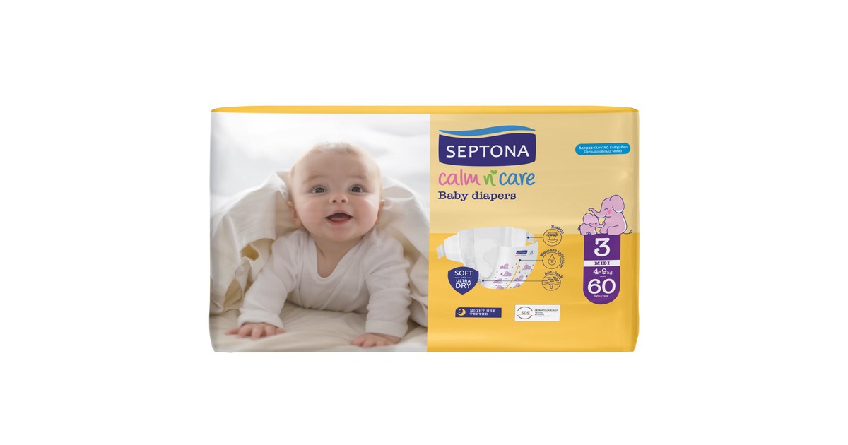 Septona Calm n' Care Baby Diapers Midi No3 (4-9kg) 60 Τεμάχια | Pharm24.gr