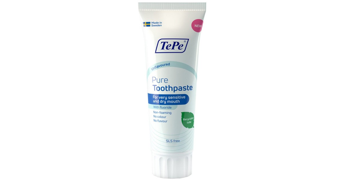 TePe Pure Toothpaste Unflavoured 1450ppm for Very Sensitive & Dry Mouth ...
